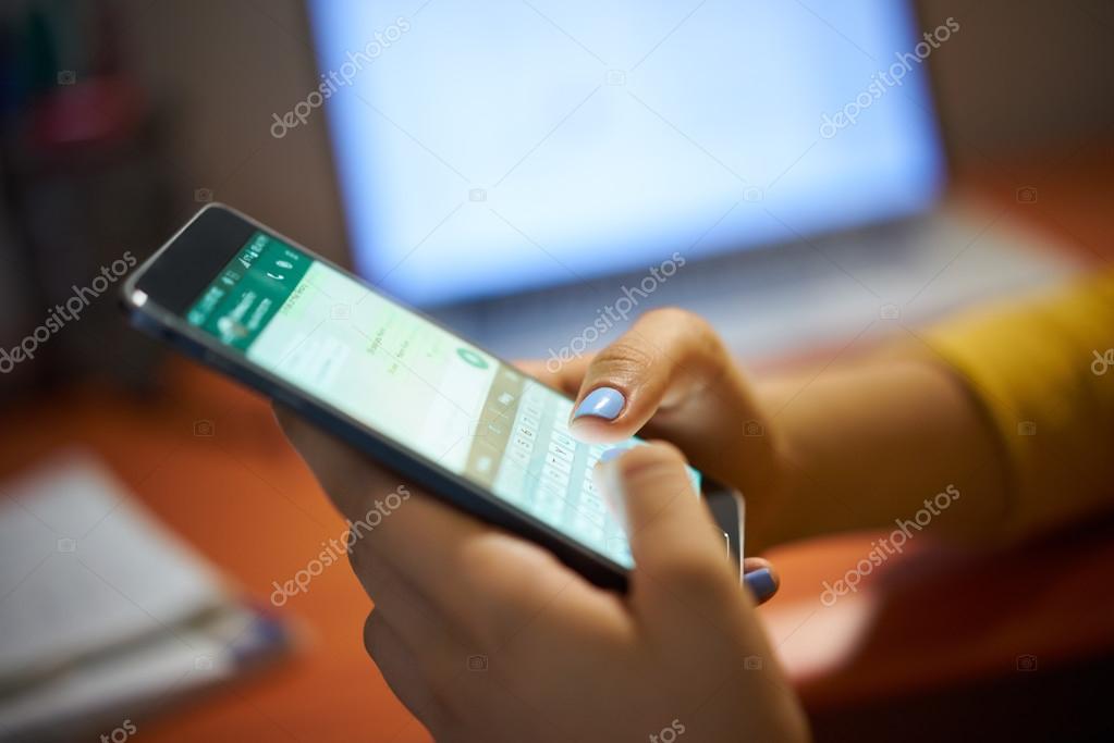 Girl Typing Phone Message On Social Network At Night Stock Photo by ...