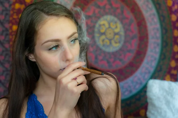 Beautiful Brunette Model Smokes Marijuana Privacy Her Own Home — Stock ...