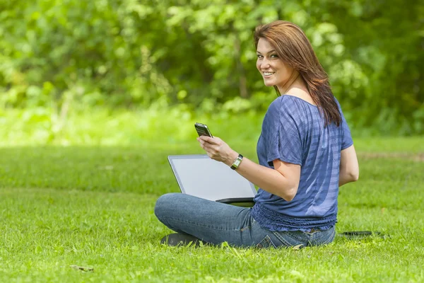 Pretty Brunette Model On Computer - Stock Image - Everypixel