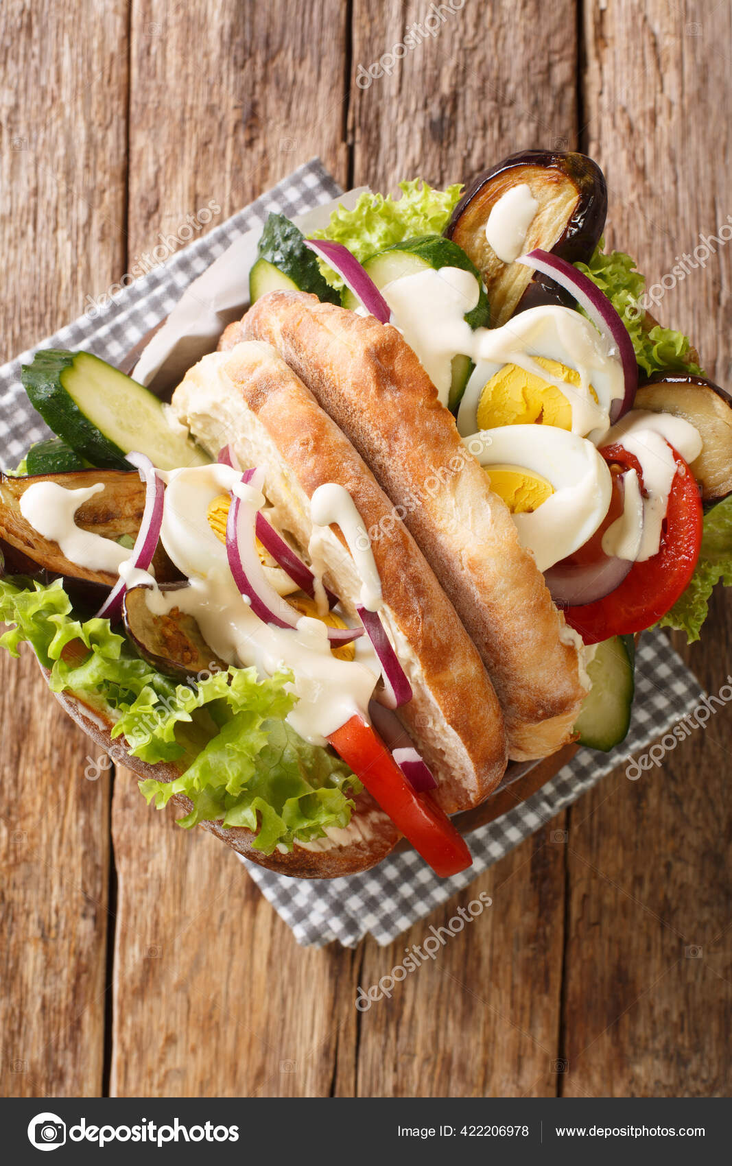 Jewish Fast Food Sabich Sandwich Close Table Vertical Top View — Stock ...