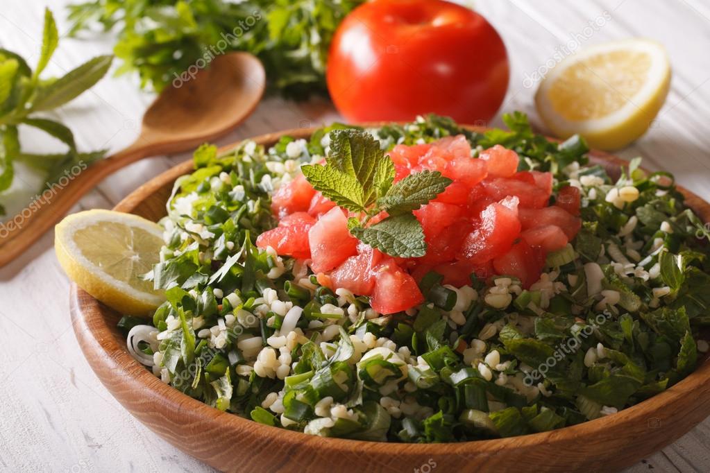 Vegetarian salad Tabbouleh closeup and ingredients. Horizontal Stock ...