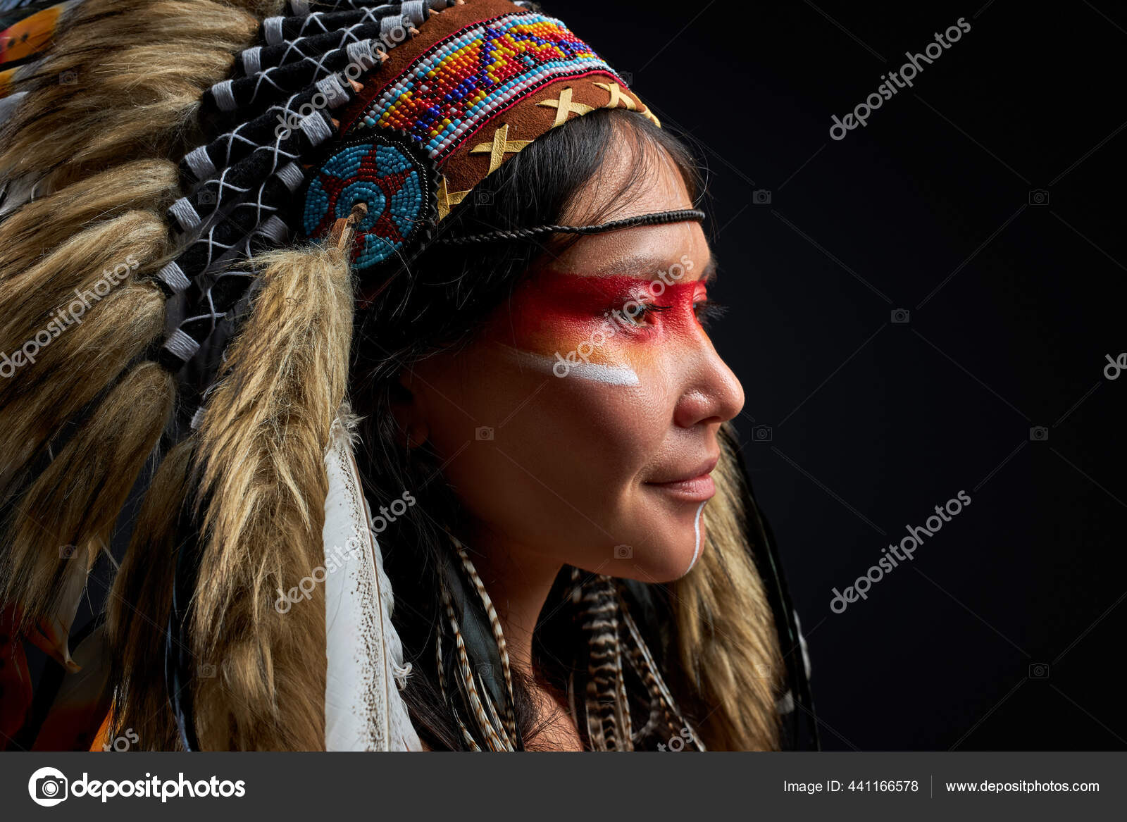 Side view portrait in native american style, beautiful woman in Indian ...