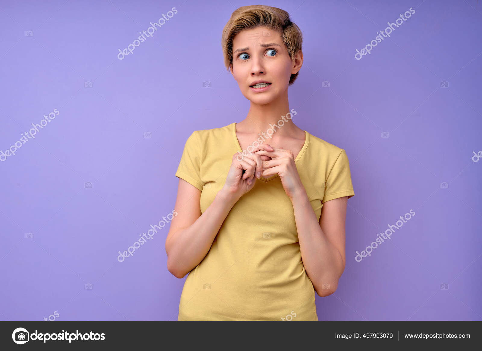 Oh no I failed again. Portrait of upset terrified lady with horrified ...