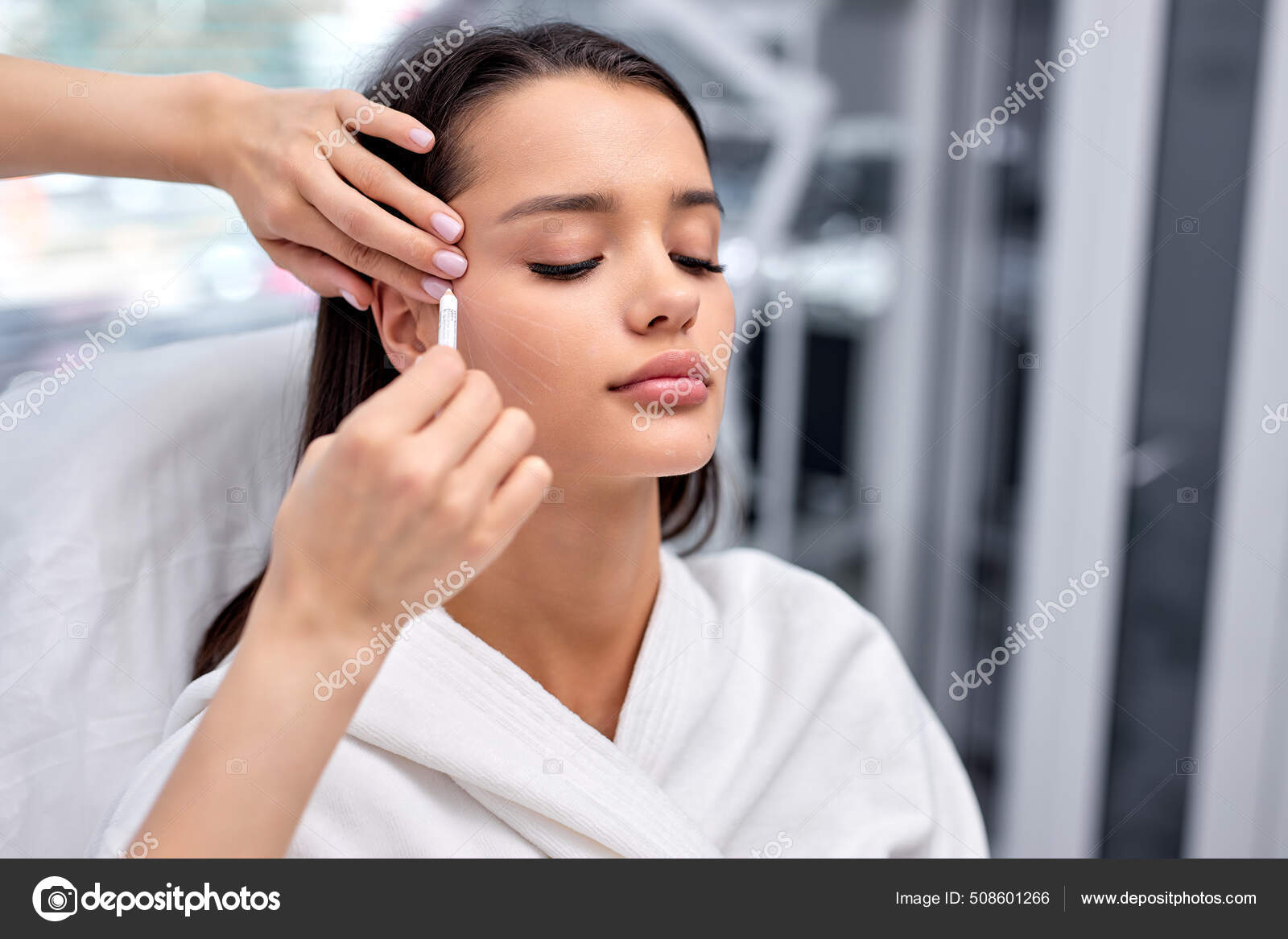 Thread facelift, concept of lifting skin, close up. Procedure facial ...