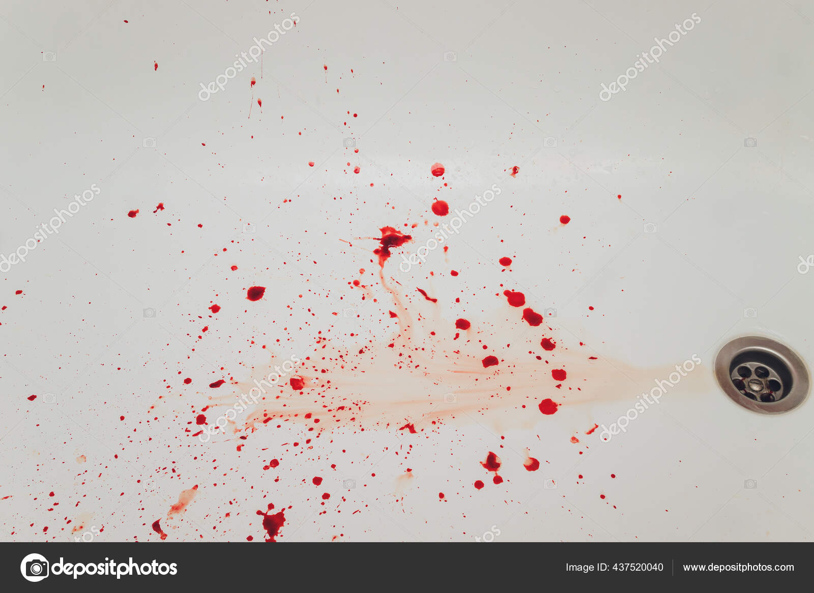 Blood draining from white bathroom basin. Bloody stains in the ...