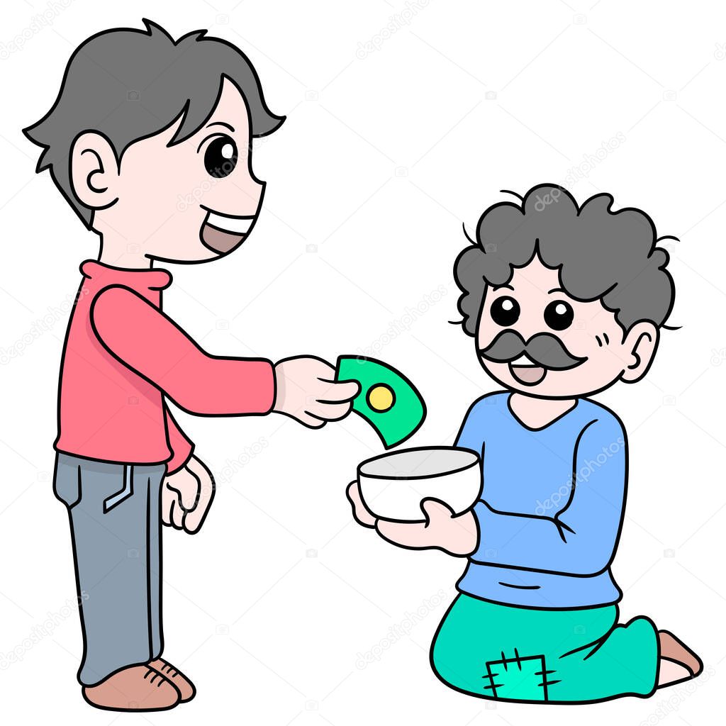 un joven amable y guapo dando limosnas de dinero a los mendigos, doodle icono imagen kawaii 2023