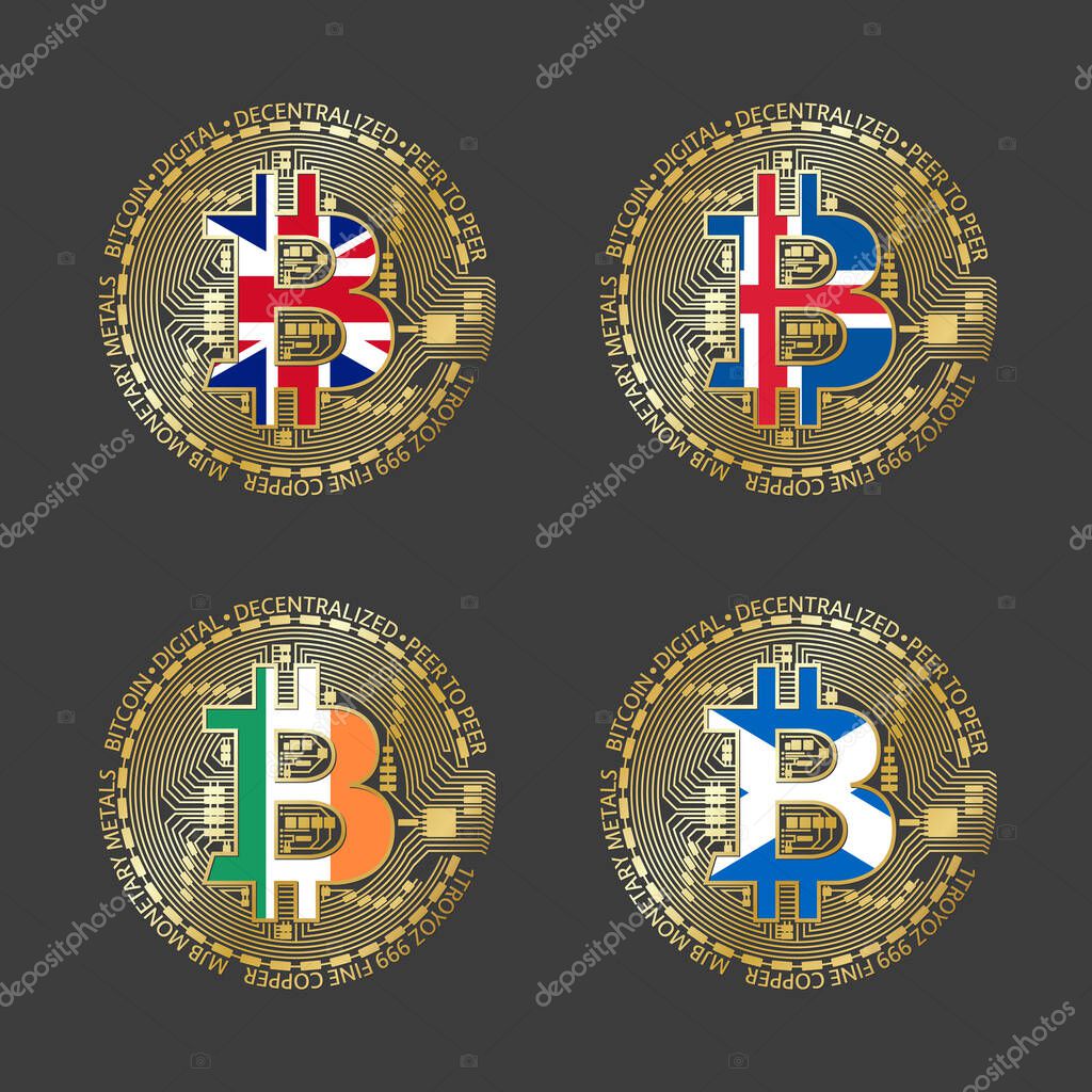Four golden Bitcoin icons with flags of Britain, Iceland, Ireland and ...