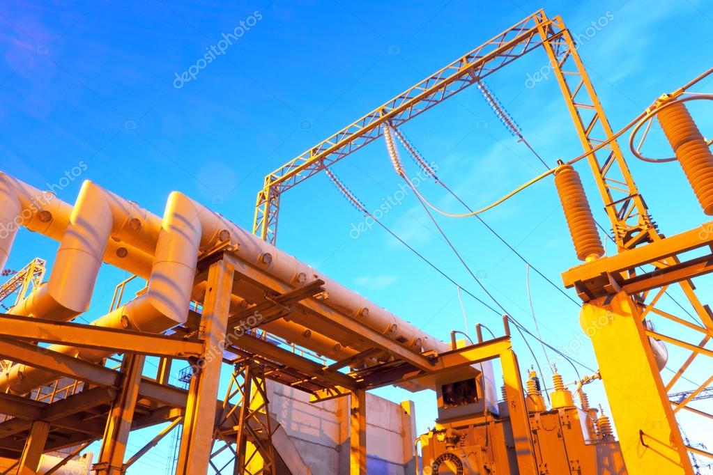 High-voltage electric substation with night illumination — Stock Photo ...
