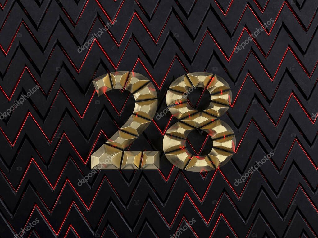 Número veintiocho (número 28) hecho de barras de oro sobre fondo oscuro ...