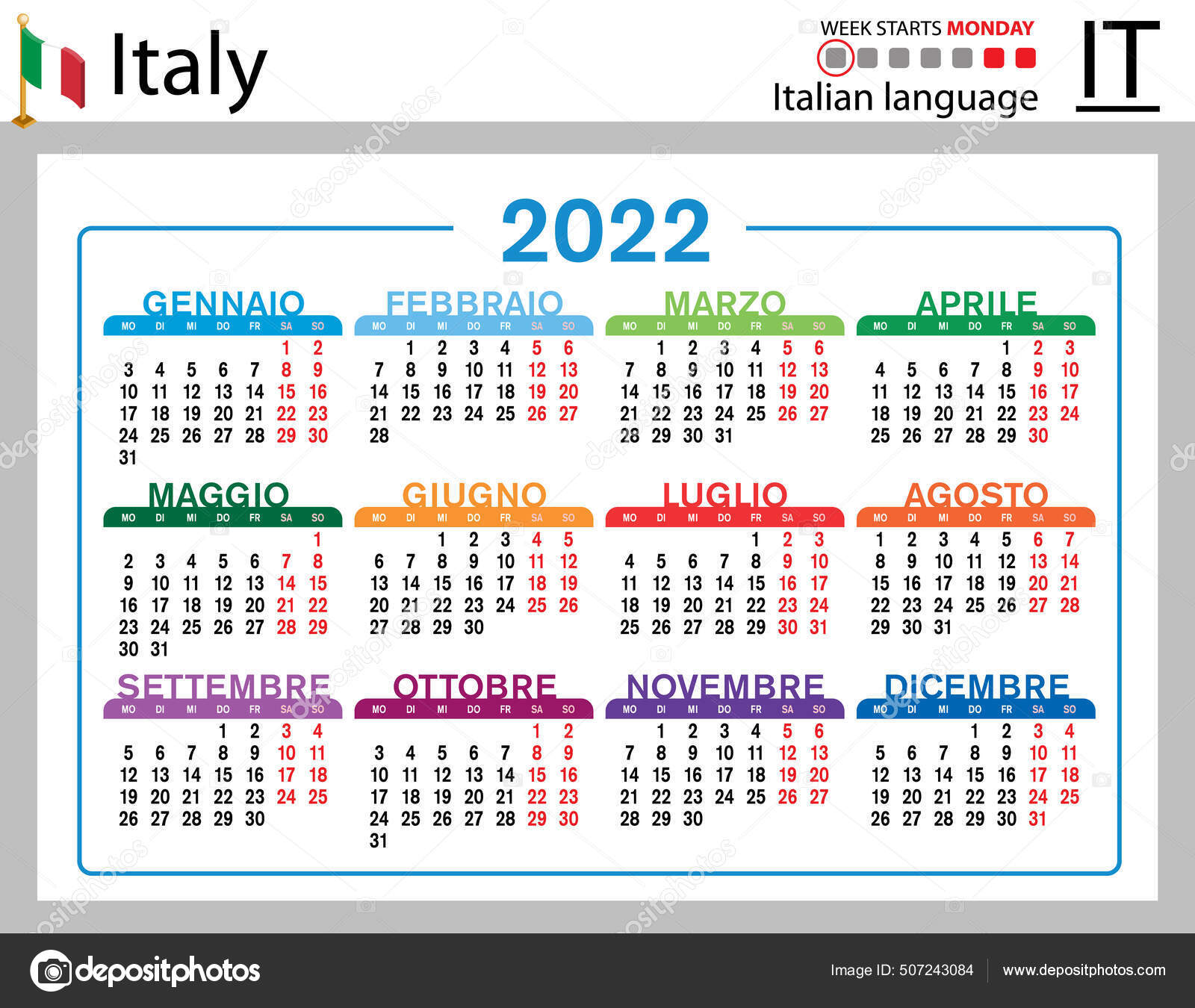 Italian Horizontal Pocket Calendar 2022 Two Thousand Twenty Two Week ...