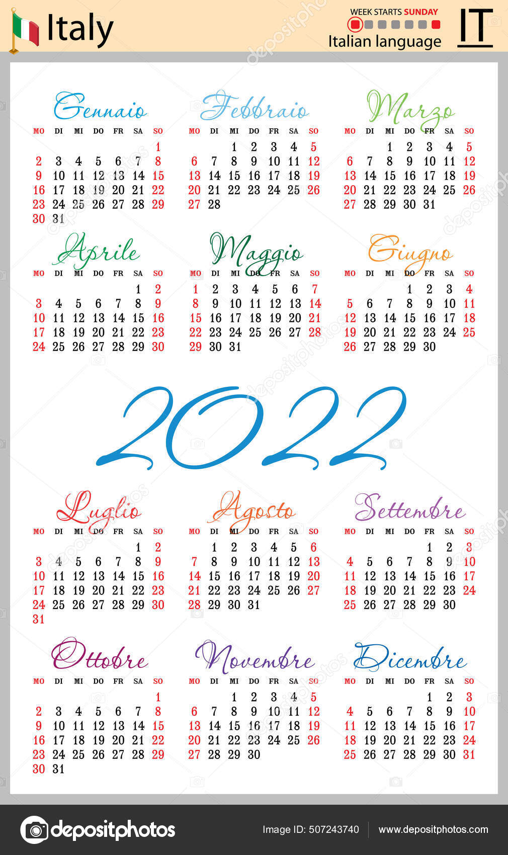 Italian Vertical Pocket Calendar 2022 Two Thousand Twenty Two Week ...