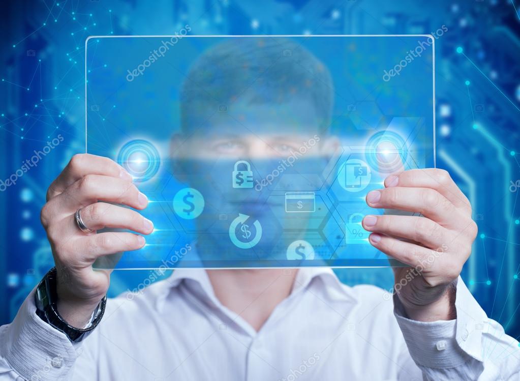 Businessman touching a dashboard with key performance indicator Stock ...