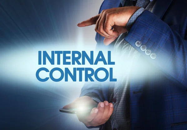 Businessman presses button internal control on virtual screens. - Stock ...