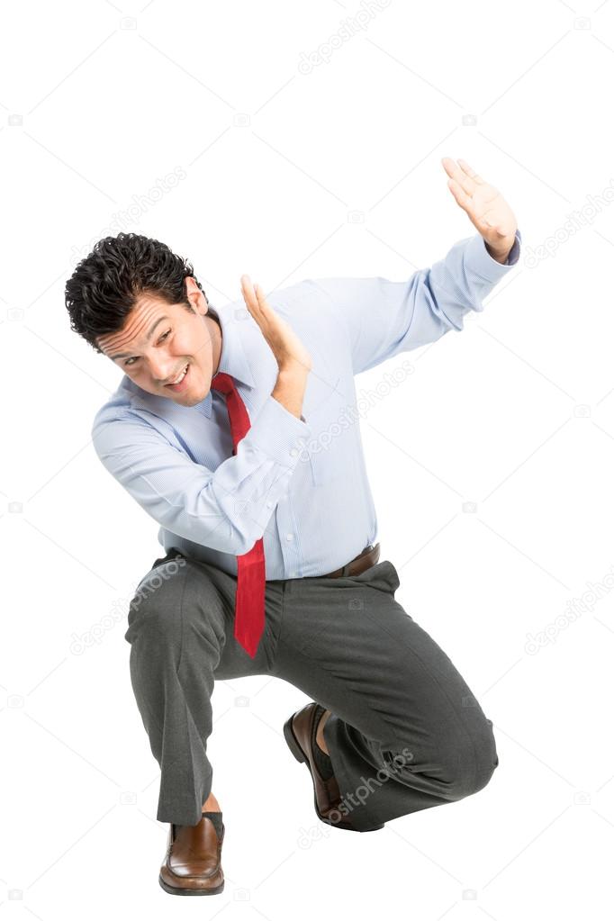 Intimidated Latino Office Worker Protecting Abuse Stock Photo by ...