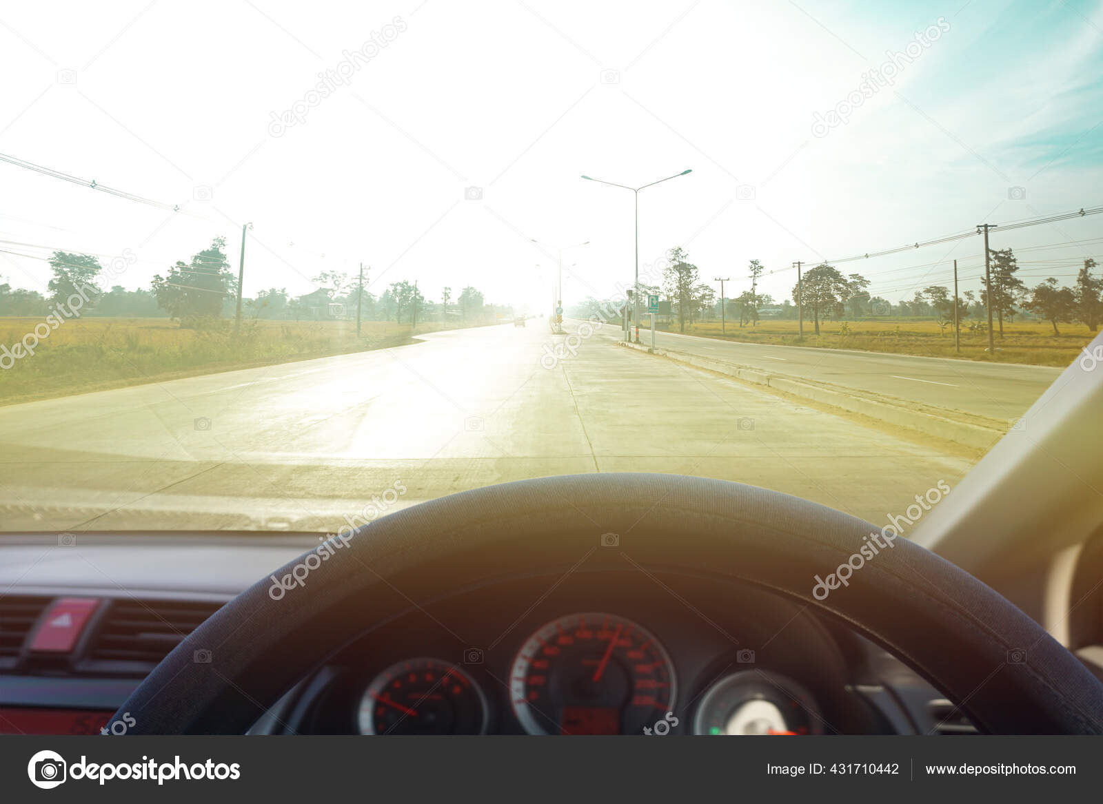 Dangers While Driving Road Light Reflecting Sun Front Car Makes Stock ...