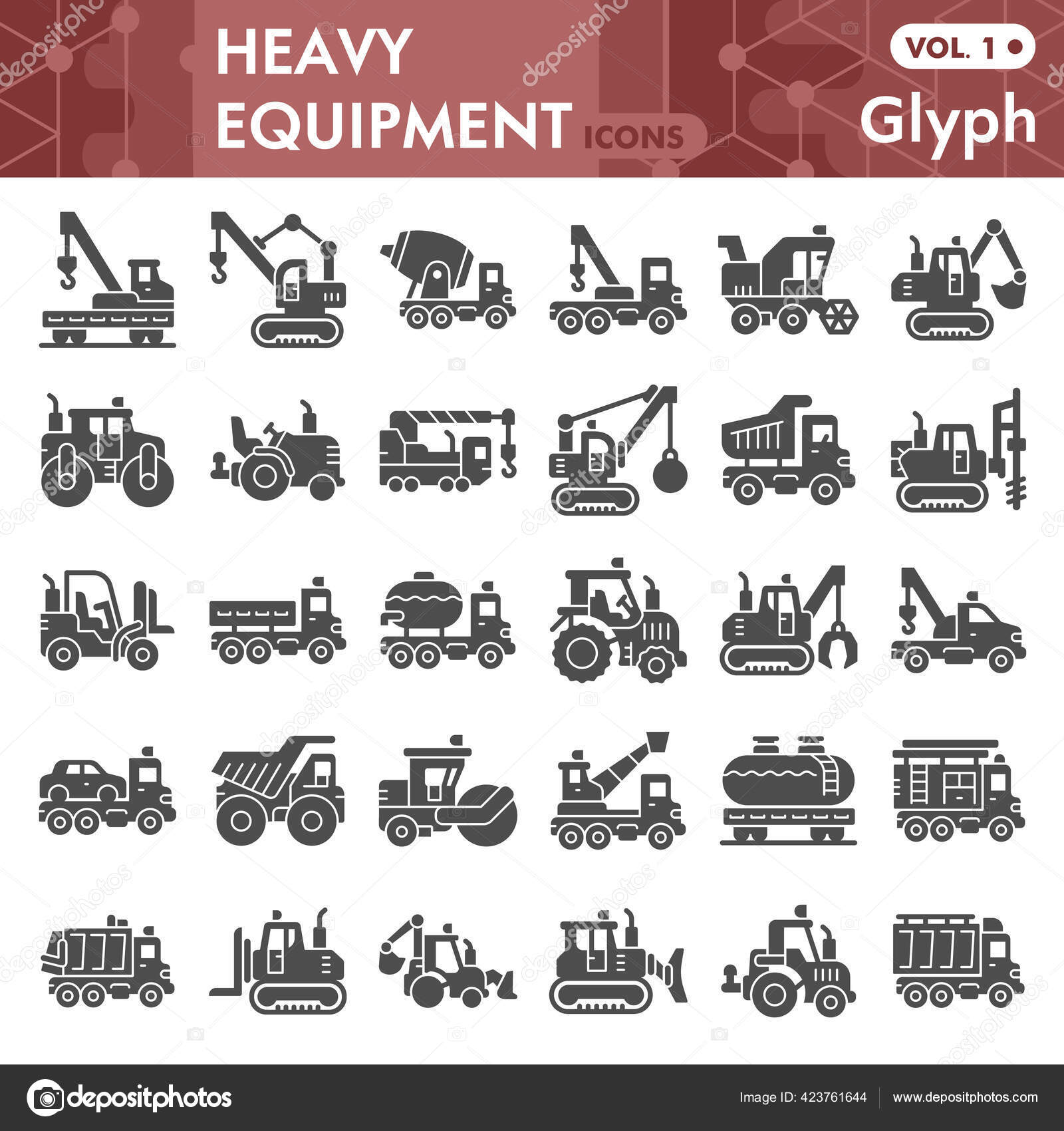 Heavy equipment solid icon set, Special machinery symbols collection or ...