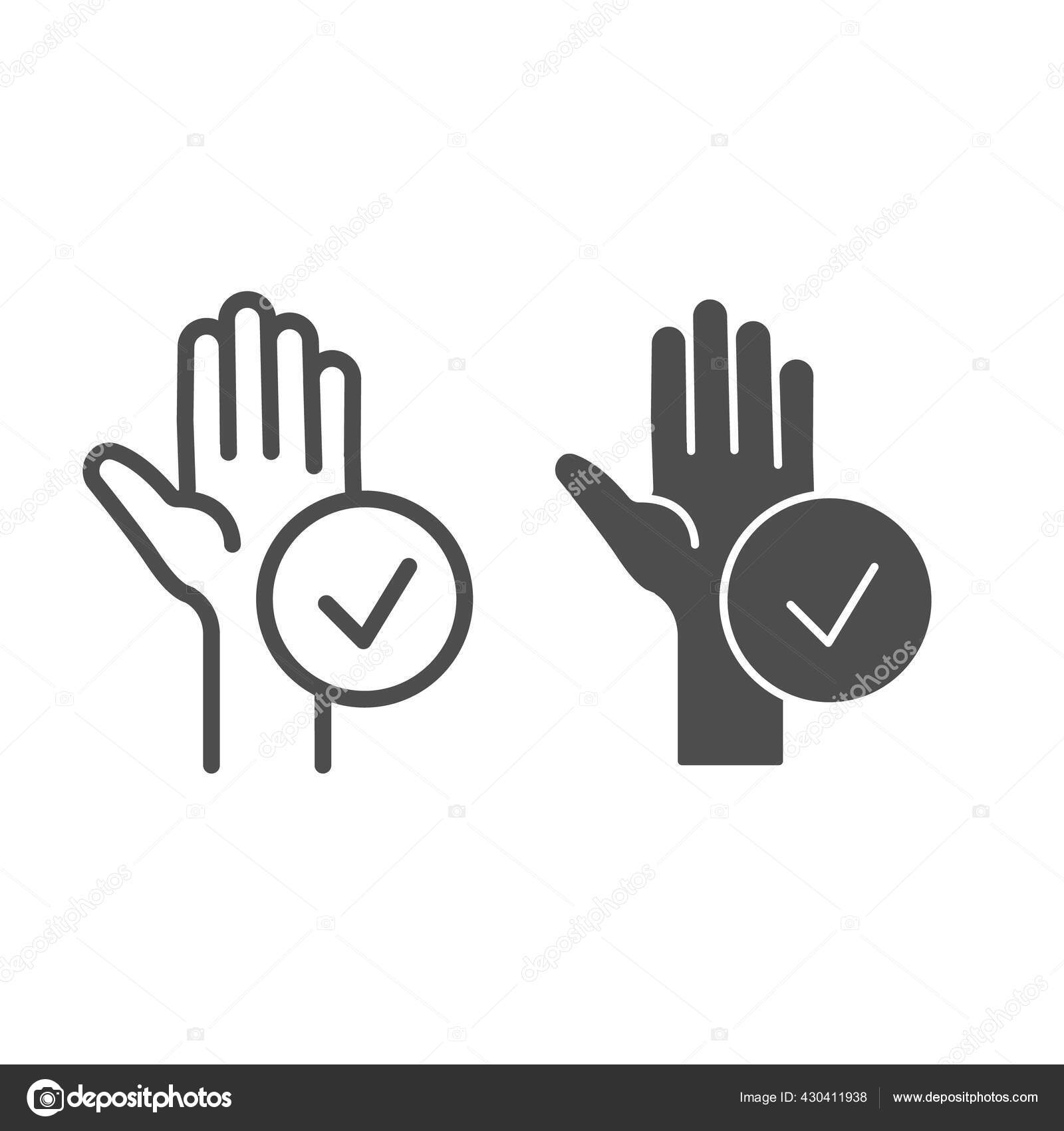 Clean hand and button checked line and solid icon, Hygiene routine ...