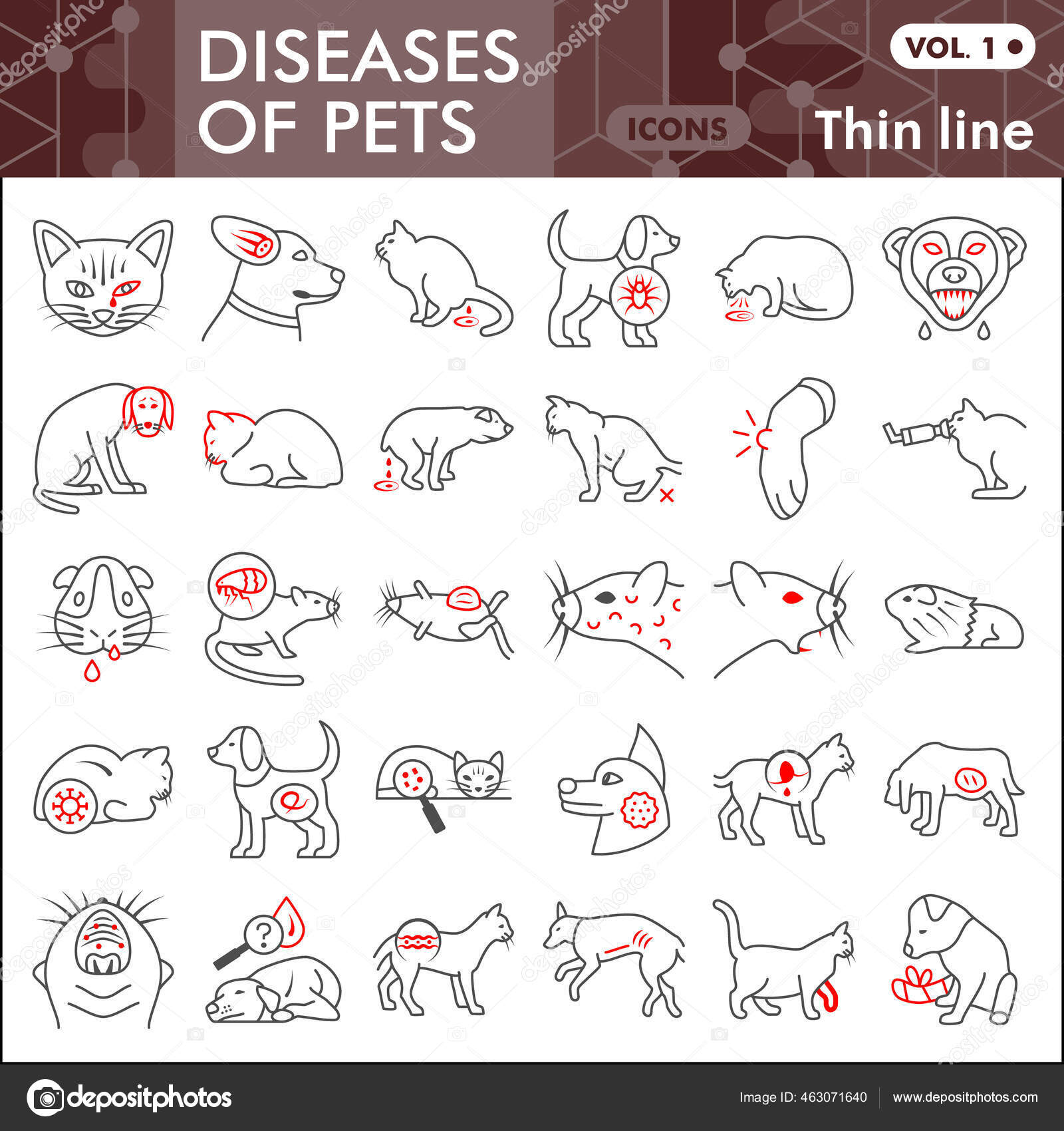 Diseases of pets thin line icon set, Veterinary symbols collection or ...