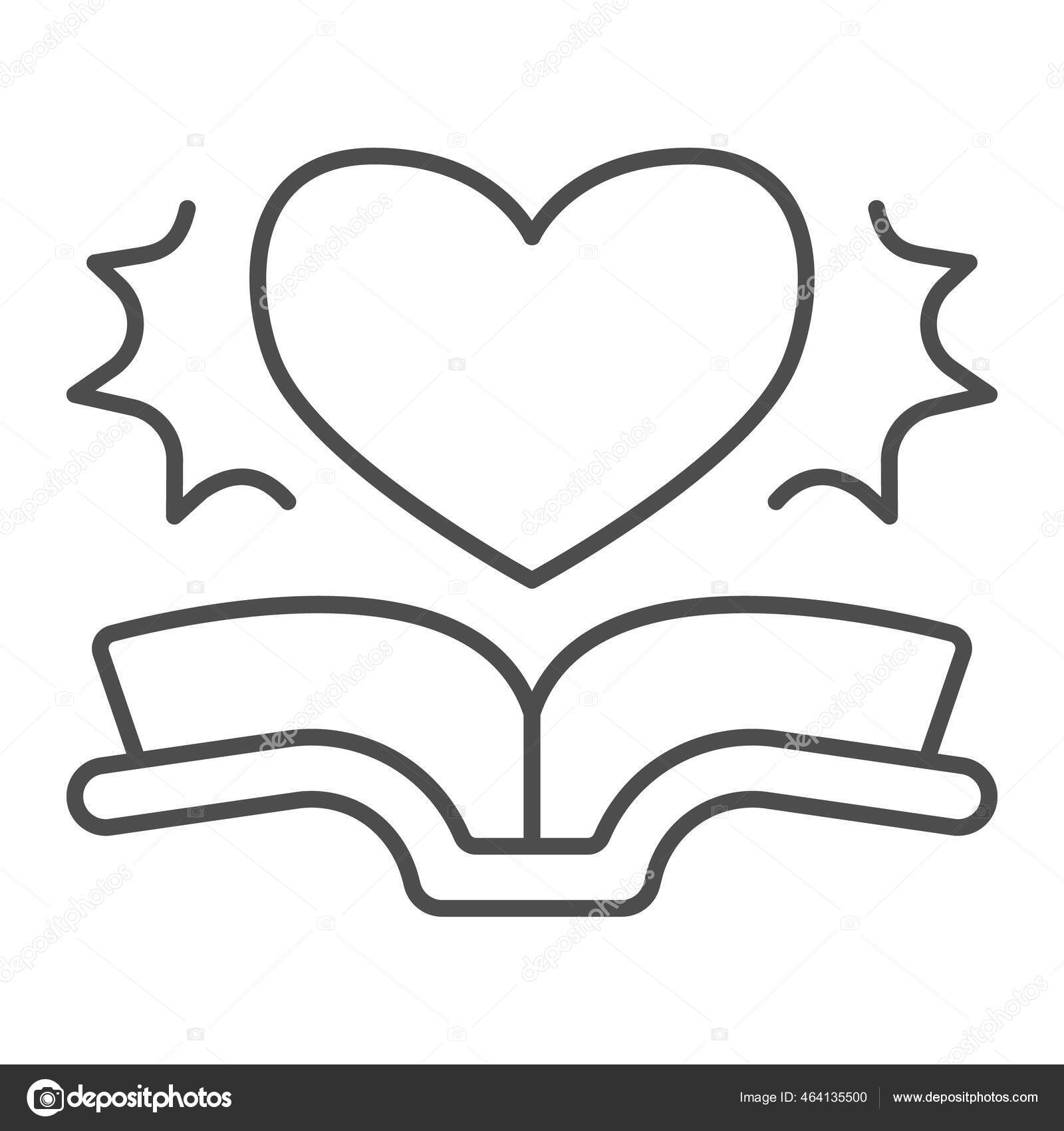 Open book, heart thin line icon, children book day concept, love story ...