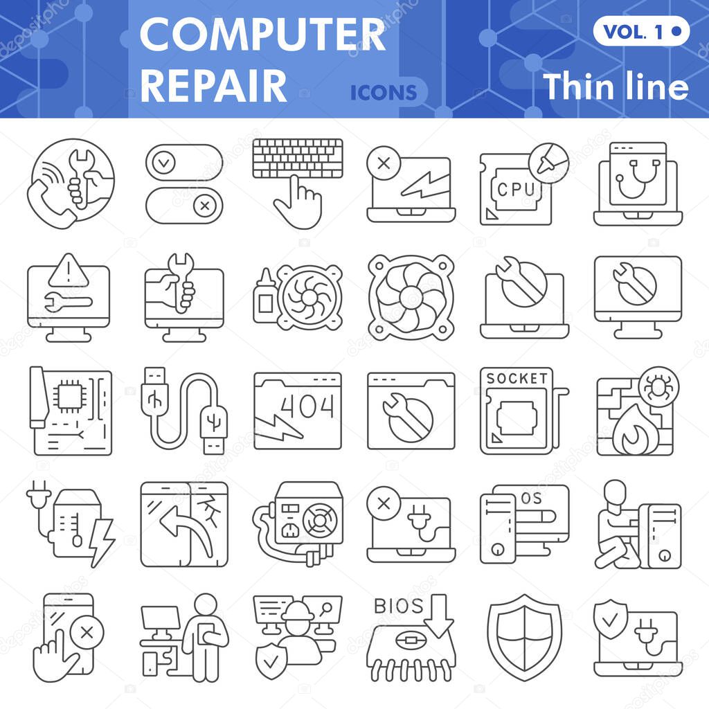 Conjunto de iconos de línea delgada Pcrepair, colección de símbolos de ...