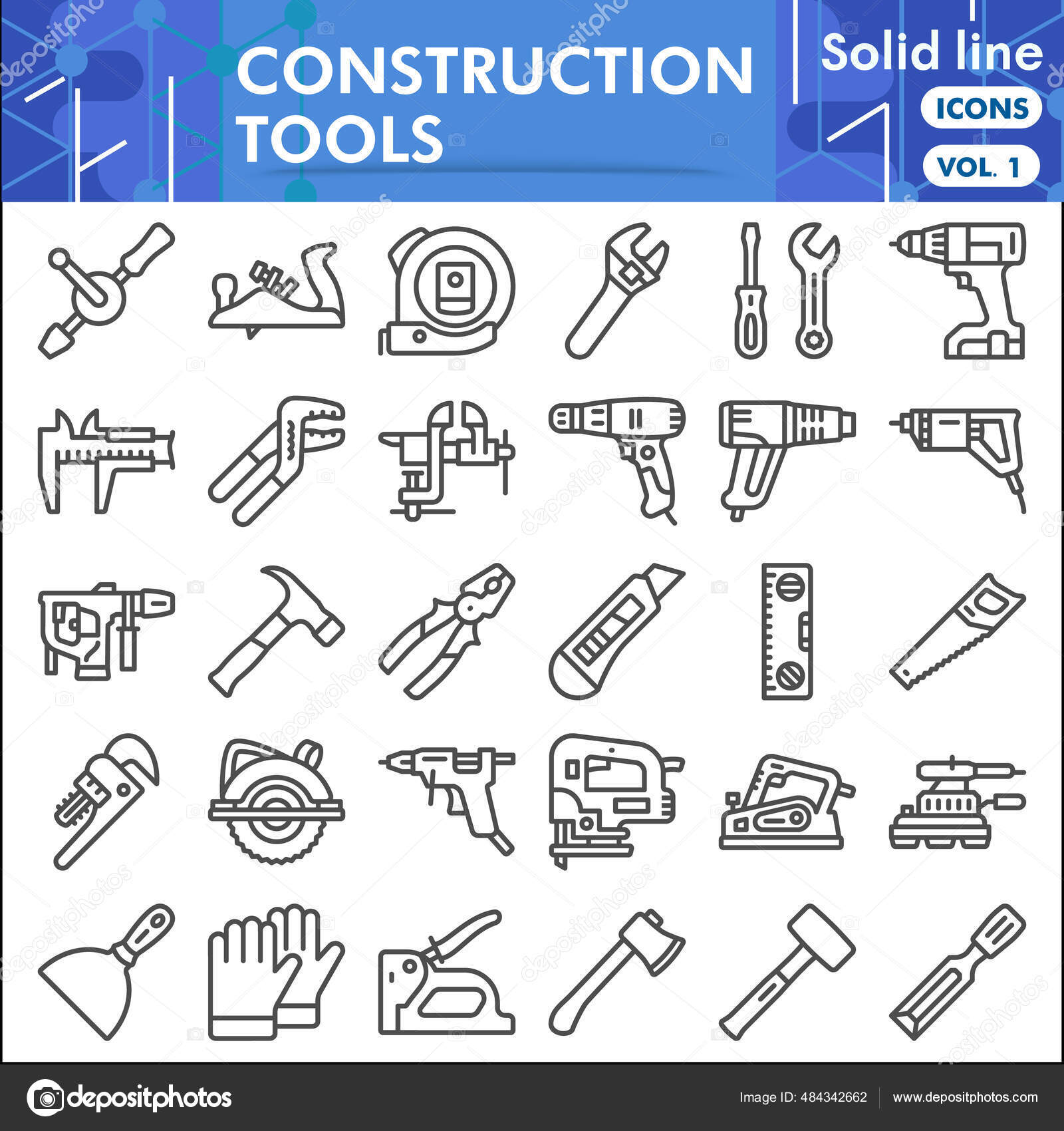 Construction tools line icon set, building equipment symbols collection or sketches. Carpenter ...