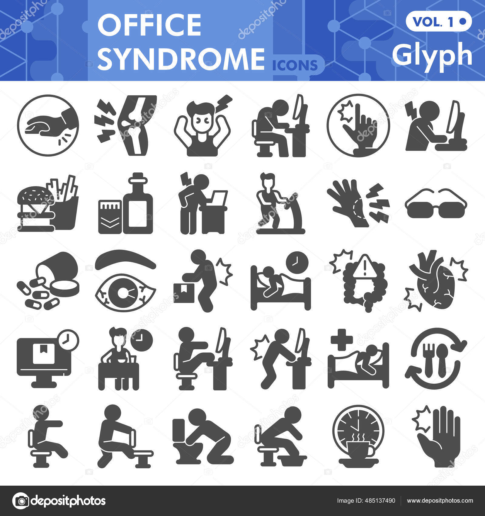 Officesyndrome solid icon set, human syndrome symbols collection or ...