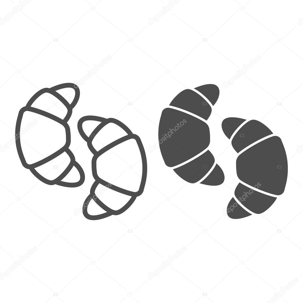 Dos croissants línea y sólido icono, ingles concepto de desayuno, dos croissants signo vectorial ...