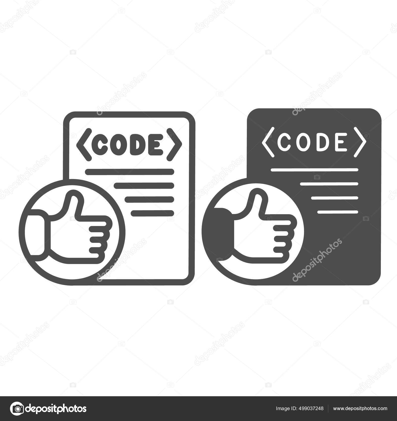 Thumbs up on code file, coding well done line and solid icon ...