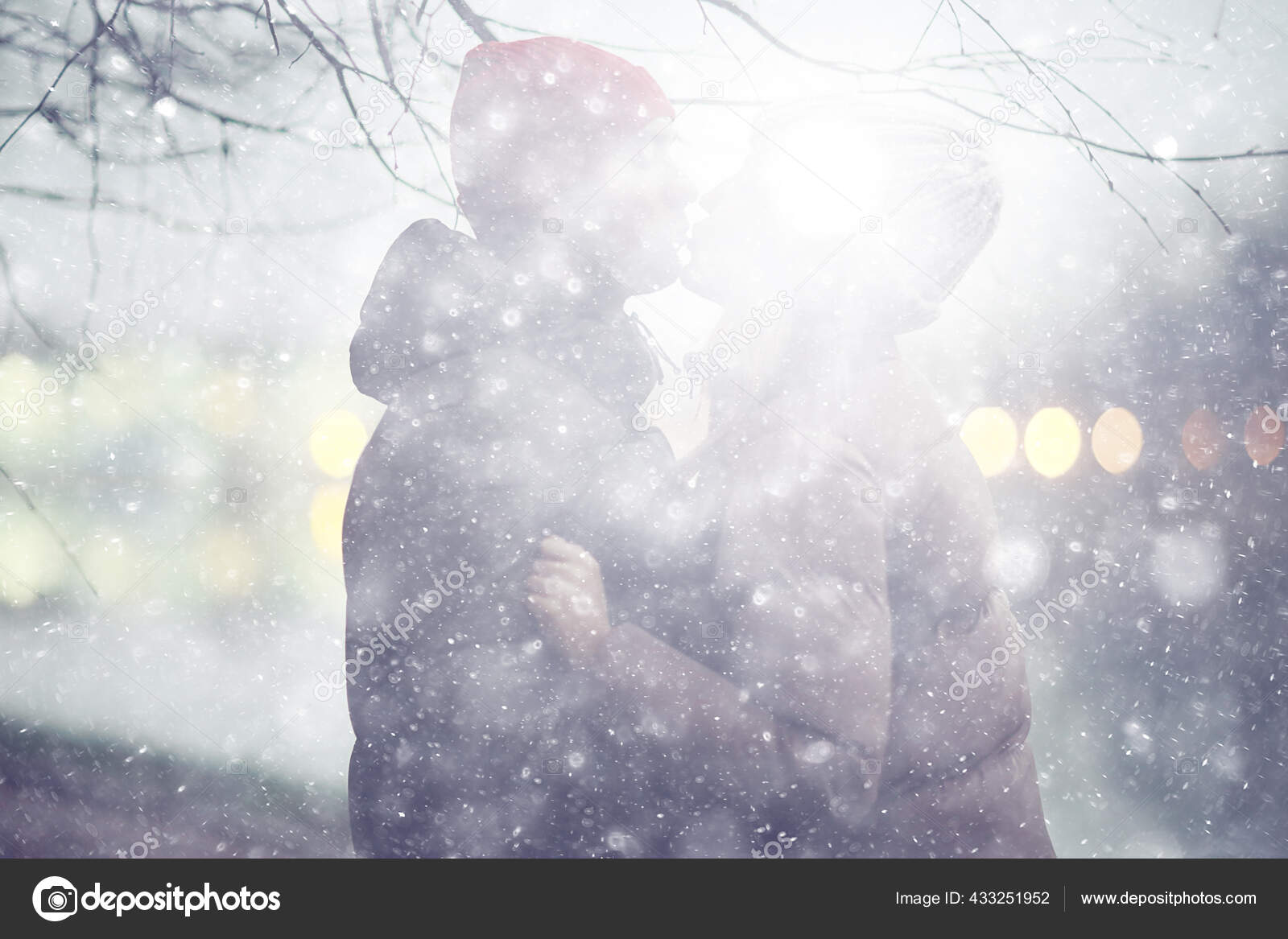 Couple Love Winter Evening Hugging Seasonal Abstract Background Weather ...