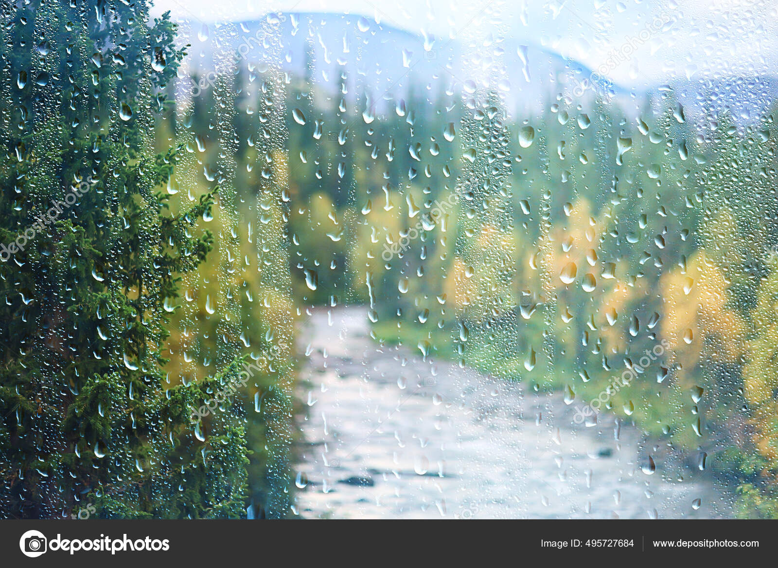 Rain Window View Water Drops Glass View Forest Mountains Landscape ...