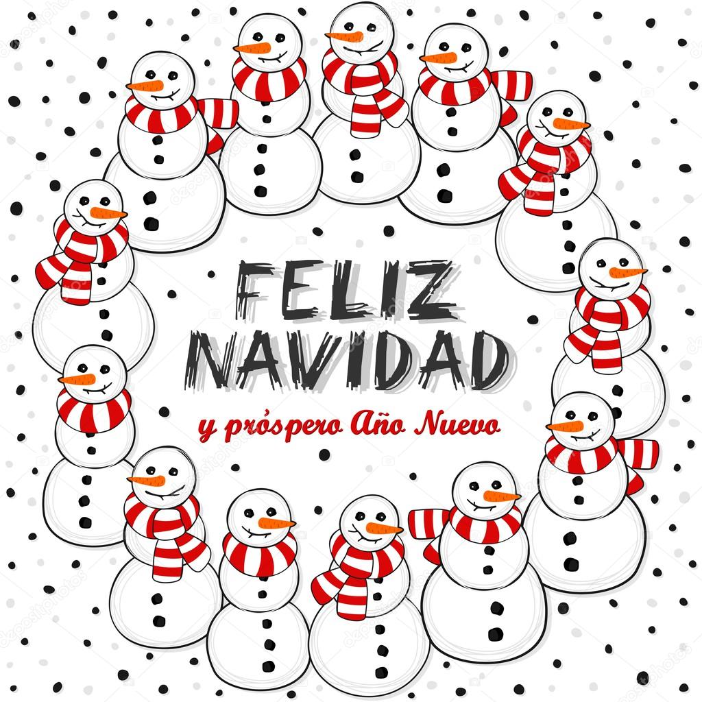 Happy snowmen with stripped scarfs wreath Christmas winter holiday card ...