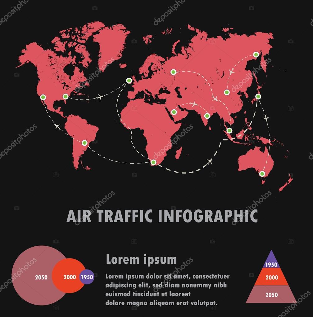 Tráfico aéreo en el mundo e infografía, vector de tráfico aéreo. 2022