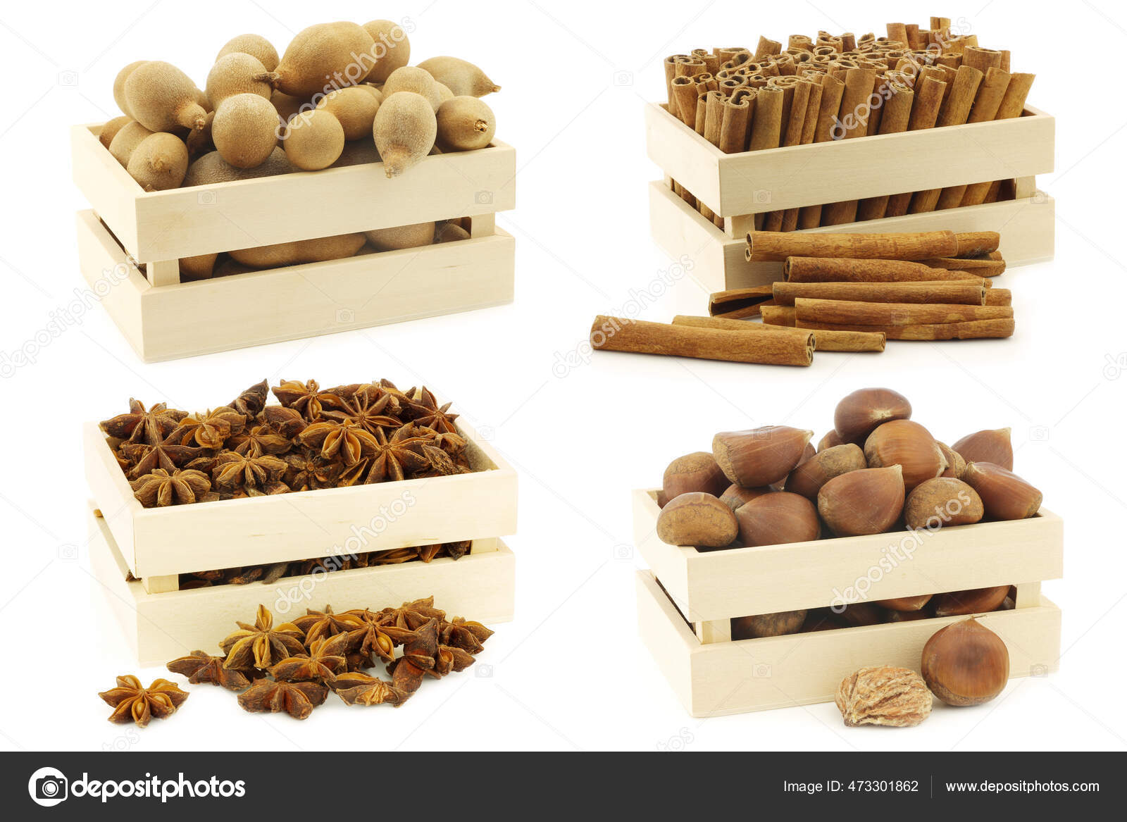 Assorted Condiments Small Wooden Box White Background Stock Photo by ...