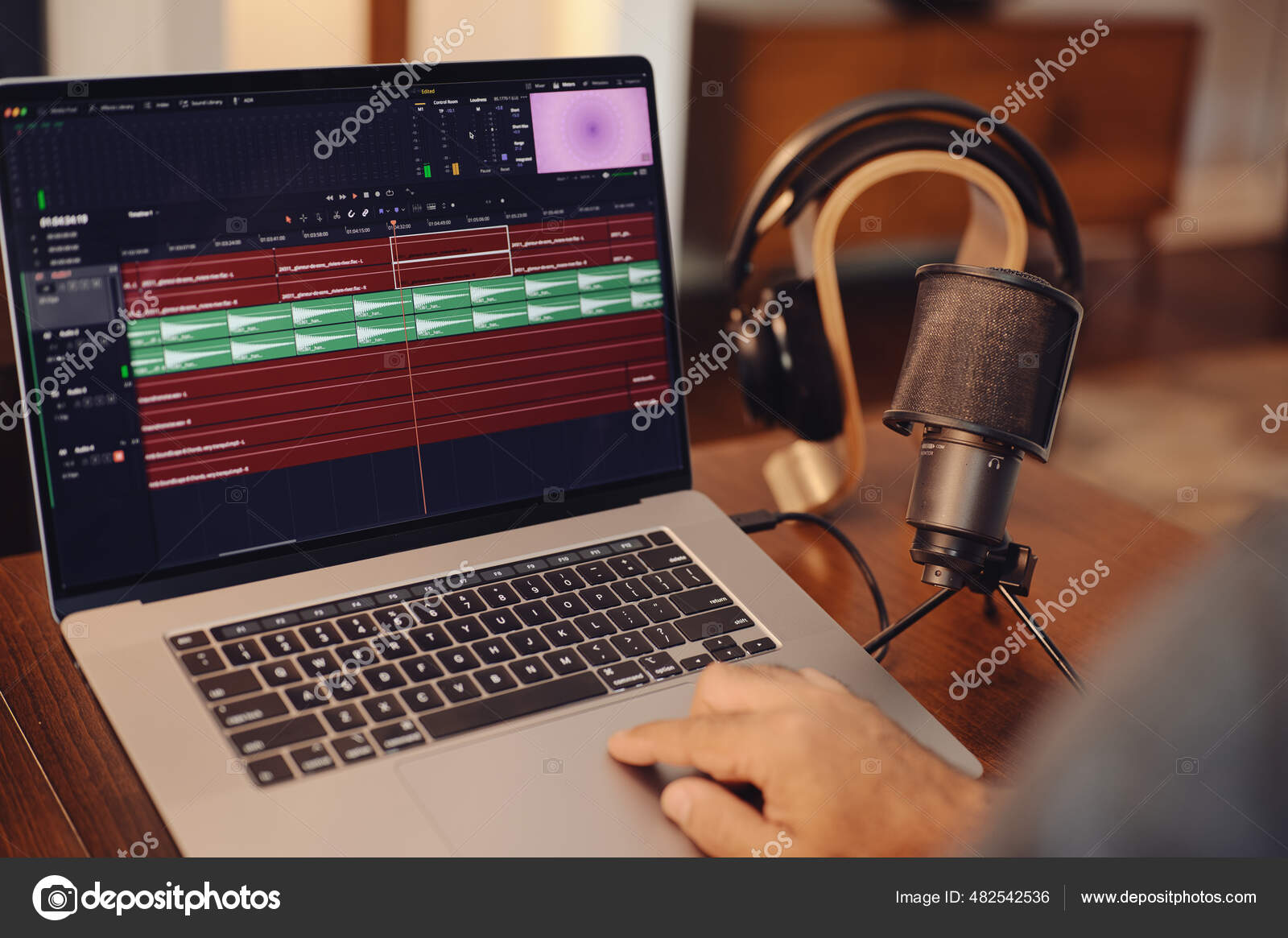 Hands Laptop Computer Audio Editing Software Microphone Headphones ...