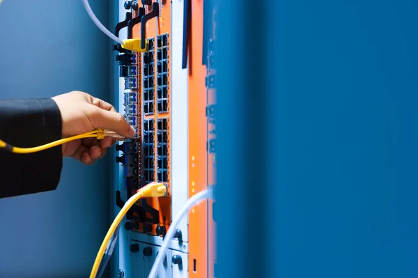 People fix core switch in network room - Stock Image - Everypixel
