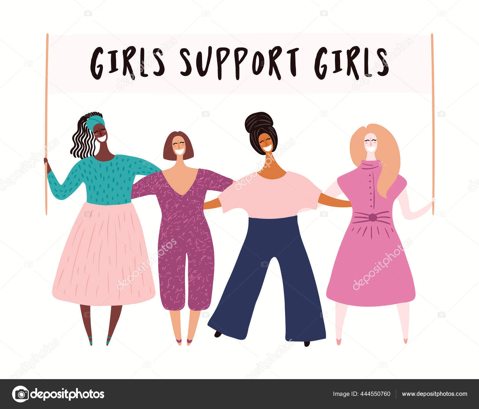 Female Cartoon Characters Diverse Women Group Protest Holding Banner ...