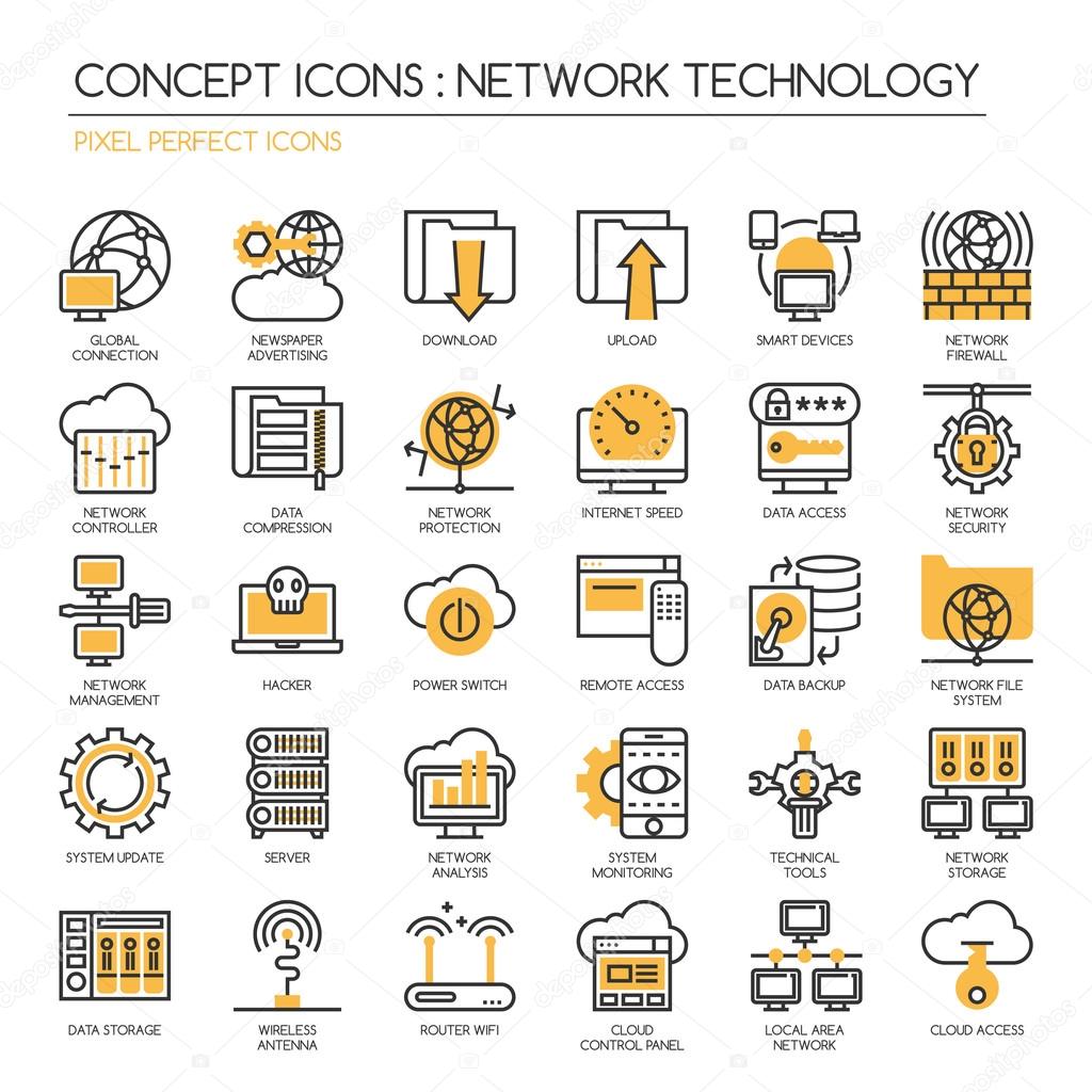 Tecnolog a de red, conjunto de iconos de l nea delgada, iconos perfectos de p xeles 2024
