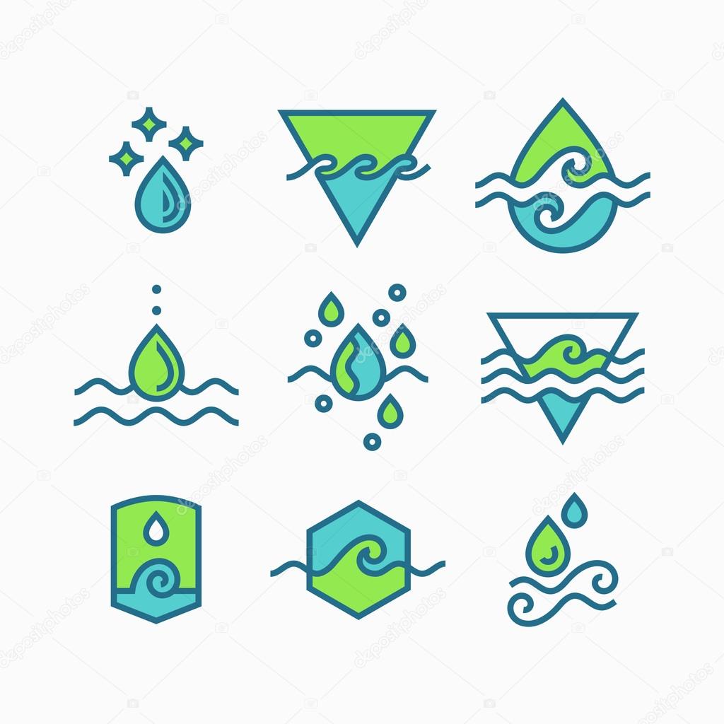 Juego de líneas vectoriales de símbolos de agua, iconos aislados ...