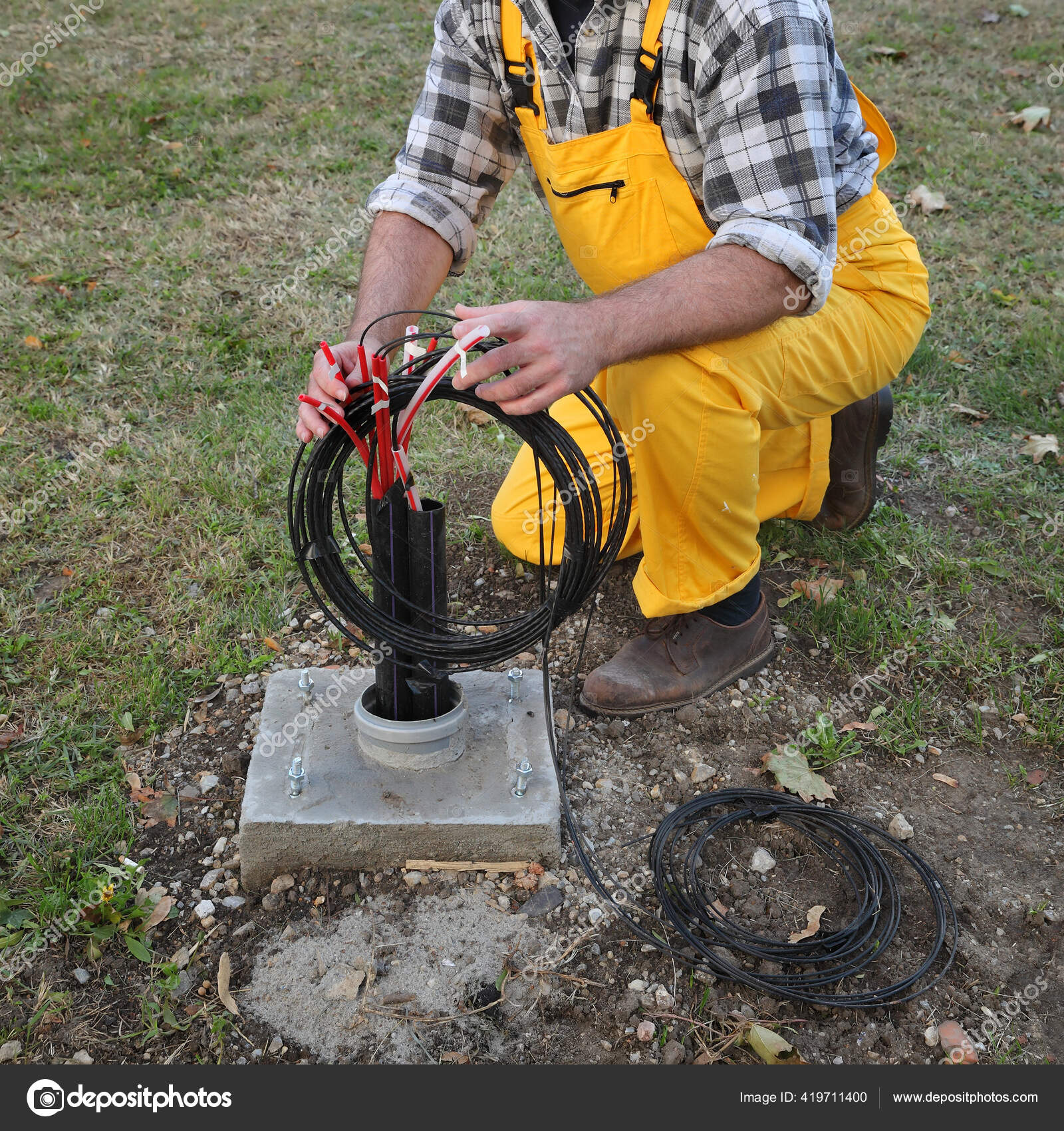 Worker Installing Optic Fiber Cables Internet Telephone Power Lines ...