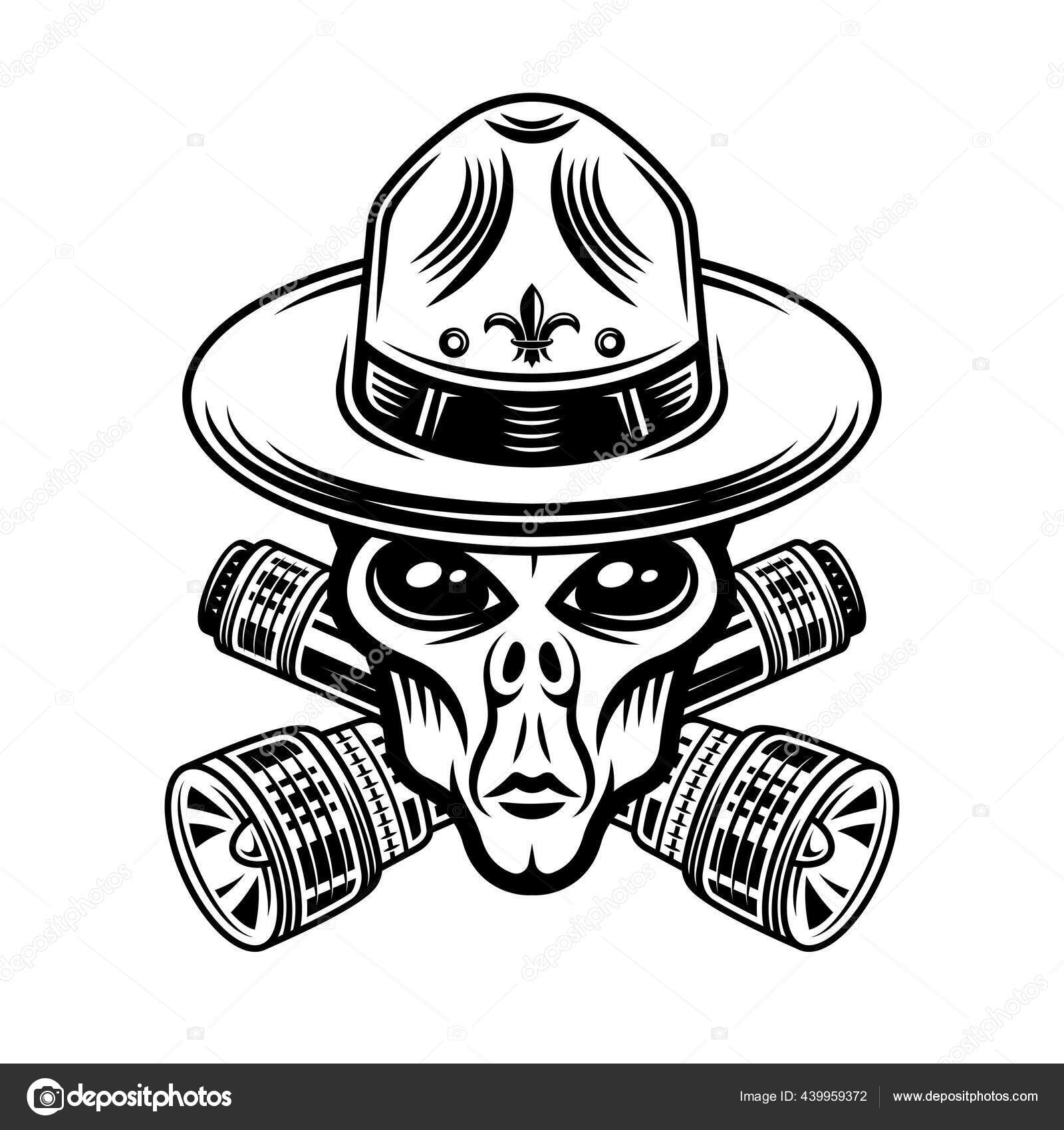 Alien boy scout with two crossed flashlights vector illustration in ...
