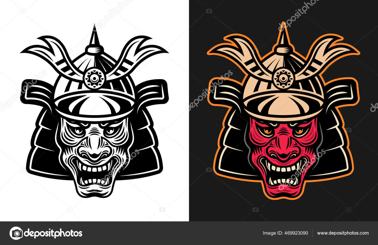 Samurai demonio japonés en la ilustración del vector del casco en dos ...