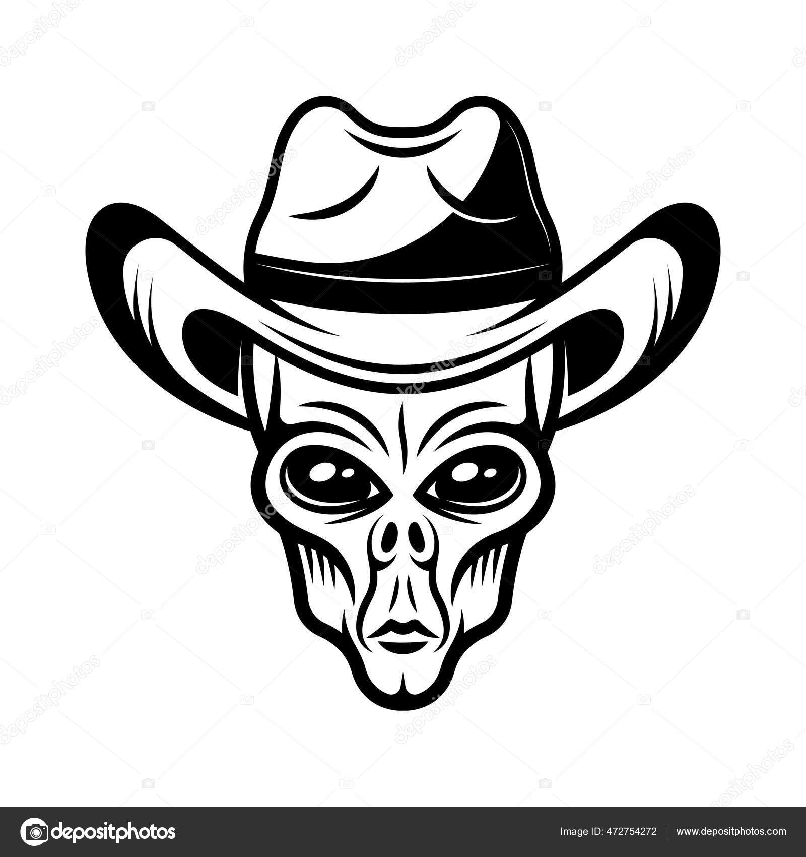 Alien head in cowboy hat vector illustration in monochrome vintage ...