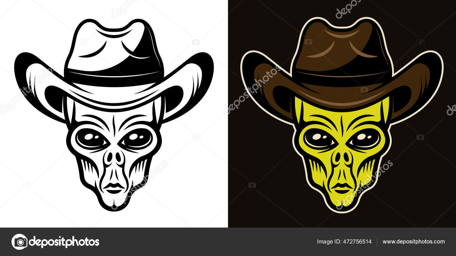 Alien head in cowboy hat vector illustration in two styles black on ...