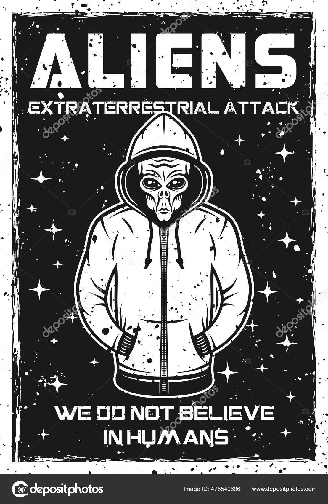 Alien in hoodie vector poster in black and white vintage style. Grunge ...