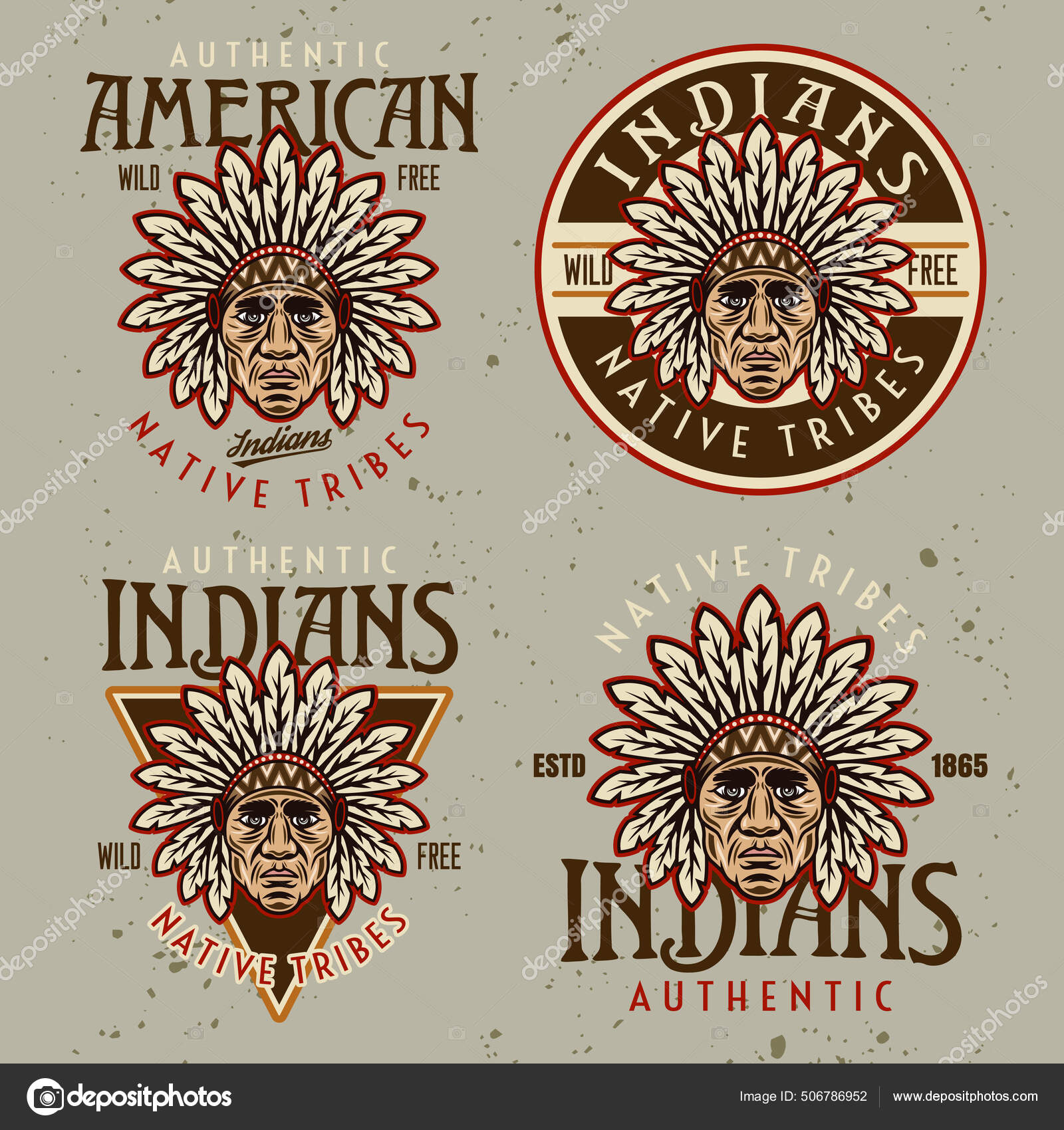 Native american indians set of four vector vintage emblems, labels ...