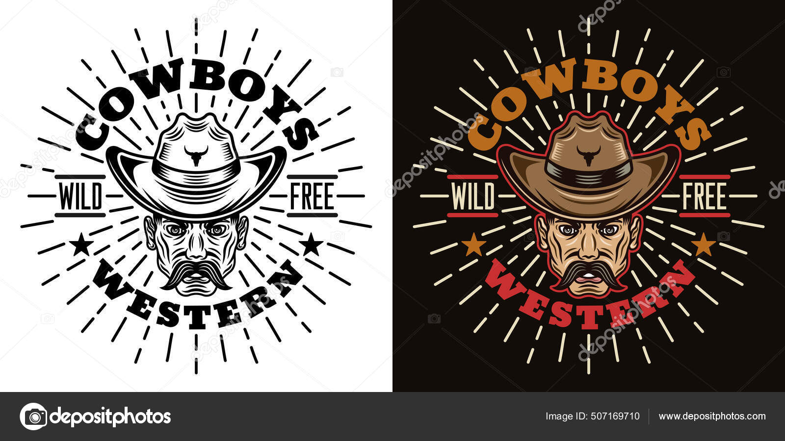 Western vector vintage emblem, label, badge or logo with cowboy head ...