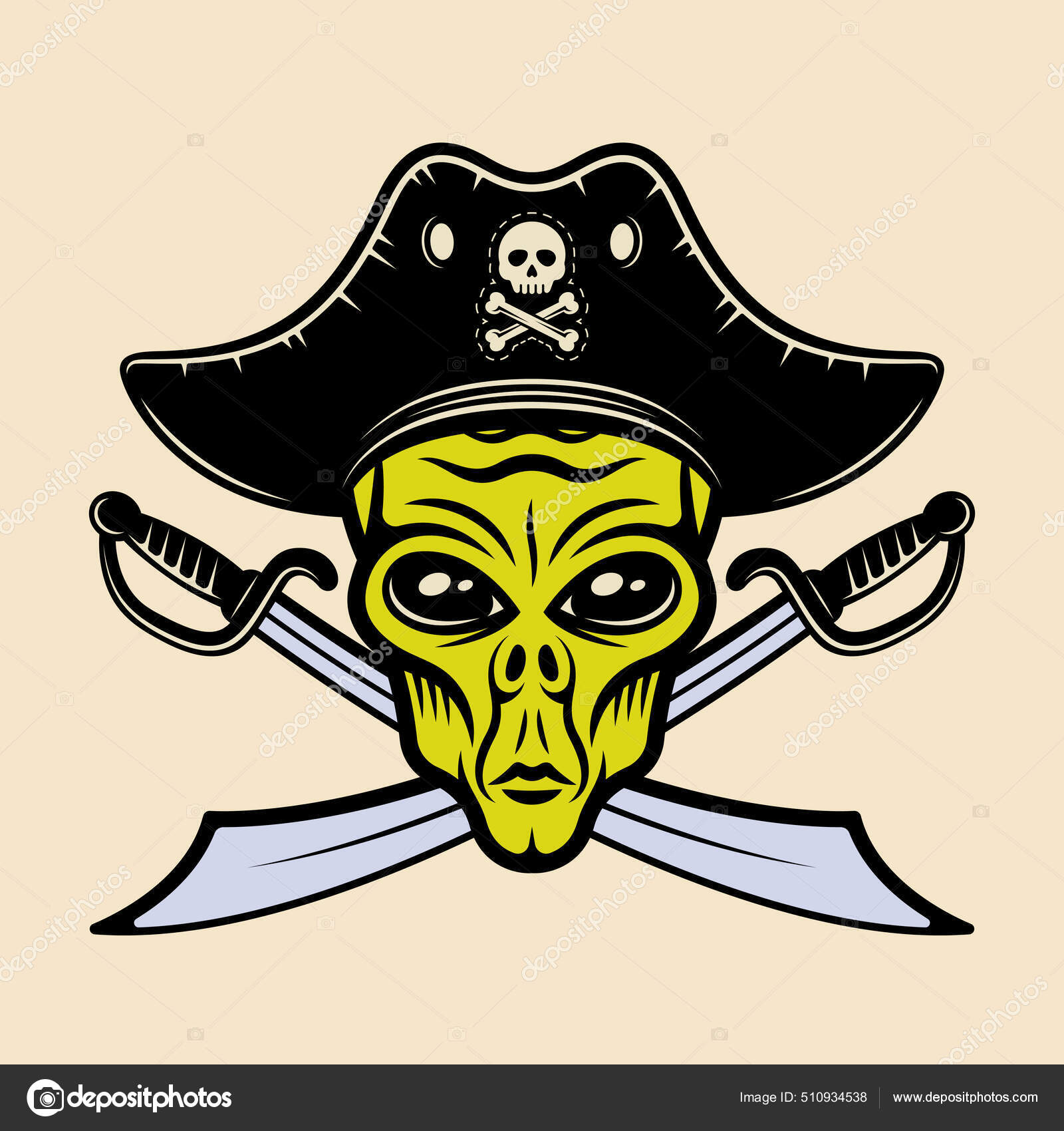 Alien head in pirate hat and two crossed swords vector illustration in ...