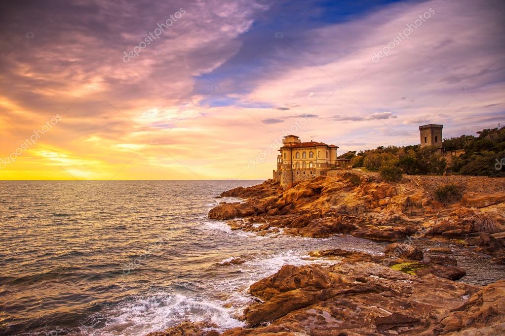 Boccale castle landmark on cliff rock and sea on warm sunset. Tu Stock ...