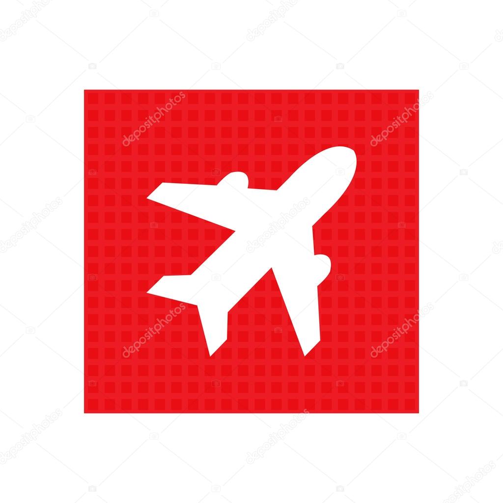 Airplane sign. Plane symbol. Travel icon. Flight flat label. red square ...