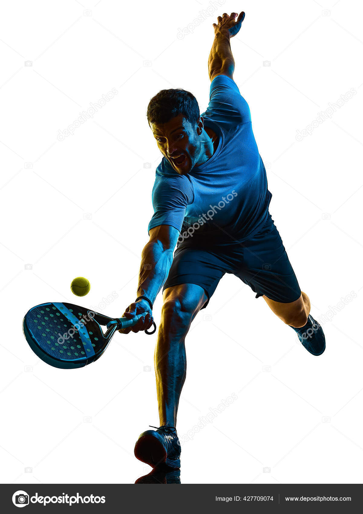 Mature Man Paddle Padel Player Shadow Silhouette Isolated White
